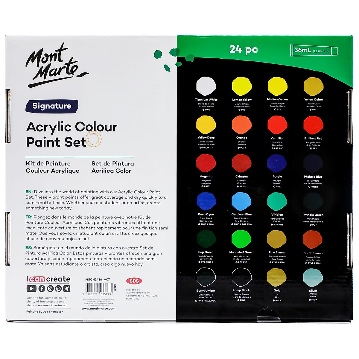 Mont Marte Acrylic Paint Set 24 Colours 36ml, Perfect for Canvas, Wood, Fabric, Leather, Cardboard, Paper, MDF and Crafts
