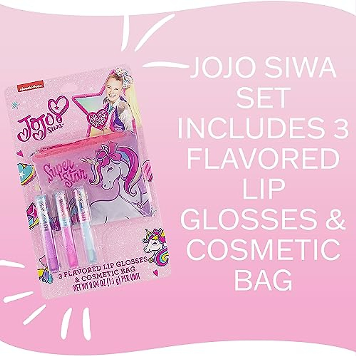 Taste Beauty Zippered JoJo Siwa Bag with Fruit-Flavored Lip Gloss Set, Pack of 3 Lip Gloss Tubes