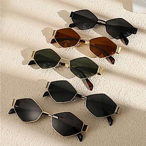 ADE WU Hexagon Sunglasses for Women Vintage Gold Geometric Shades in Metal Frame Gold/Grey