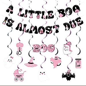 A little Boo Is Almost Due Banner,Pink Black Halloween Baby Shower Party Decorations for Girl,Little Boo Banner and Feeding Bottle Bat Spooky Hanging Swirls for Halloween Baby Gender Reveal Supplies