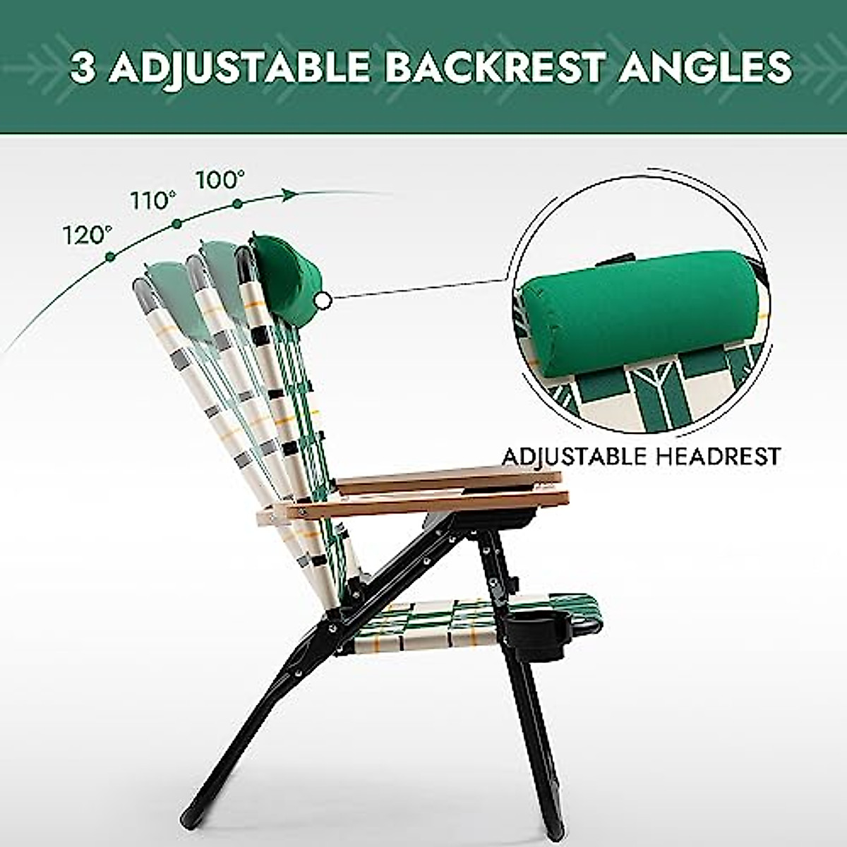 Dowinx Beach Chair with Cooler Bag, Folding Caming Chair with Backpack Straps, High Back 3 Position-Reclining Outdoor Chair Aluminum Frame, Green