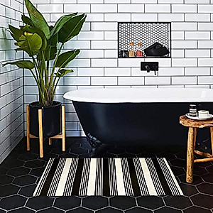 ABREEZE Black and Cream White Striped Rug Runner BlackCotton Woven Porch Rug Farmhouse Striped Outdoor Indoor Rugs Washable Door Mat for Porch Layered Kitchen Bathroom Laundry Room 2' x 4.3