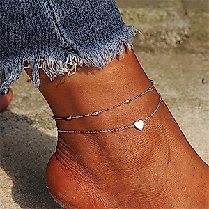 Artmiss Layered Anklets Women Heart Silver Ankle Bracelet Charm Beaded Dainty Foot Jewelry for Women Summer Barefoot Beach Anklet