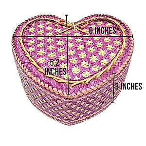 Bamboo Sticky Rice Serving Basket 6 x 5.2 Inch, Kratip, Intricately Woven Container, Heart-Shaped, Pikul Flower Weave Pattern, Thailand Handmade (Purple)