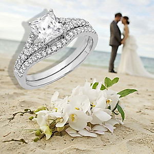 WSX Gold 1ct Princess Moissanite Bridal Rings Sets for Women Simulated Diamond Her Halo Wedding Engagement Ring, 2 Piece Set