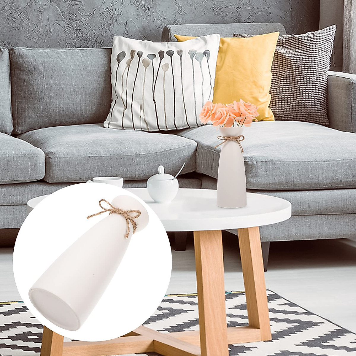 Generic Ceramic Flower Vase with Rustic Rope Flower Arrangement Container Centerpieces Vase Decor for Home Garden Office Vase Floral Decorative, White, 7X22.5CM