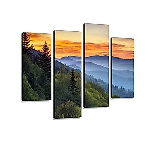 Great Smoky Mountains National Park Scenic Sunrise Landscape at Oconaluftee Canvas Wall Art Hanging Paintings Modern Artwork Abstract Picture Prints Home Decoration Gift Unique Designed Framed 4 panel
