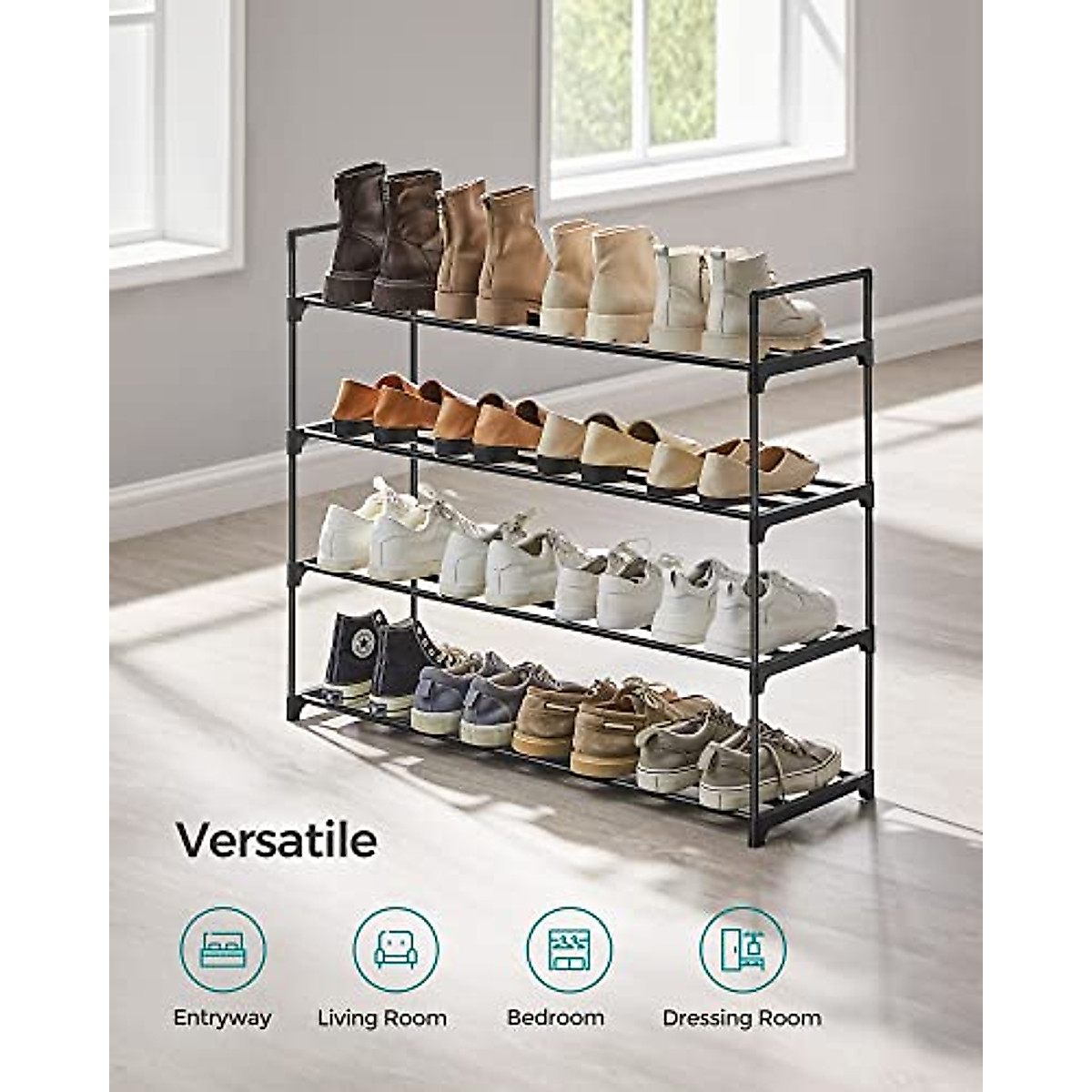 SONGMICS Shoe Rack, 4 Tier Shoe Organizer, Metal Shoe Storage Shelf for 20 Pairs of Shoes, Easy to Assemble, Entryway, Black ULSA14BK