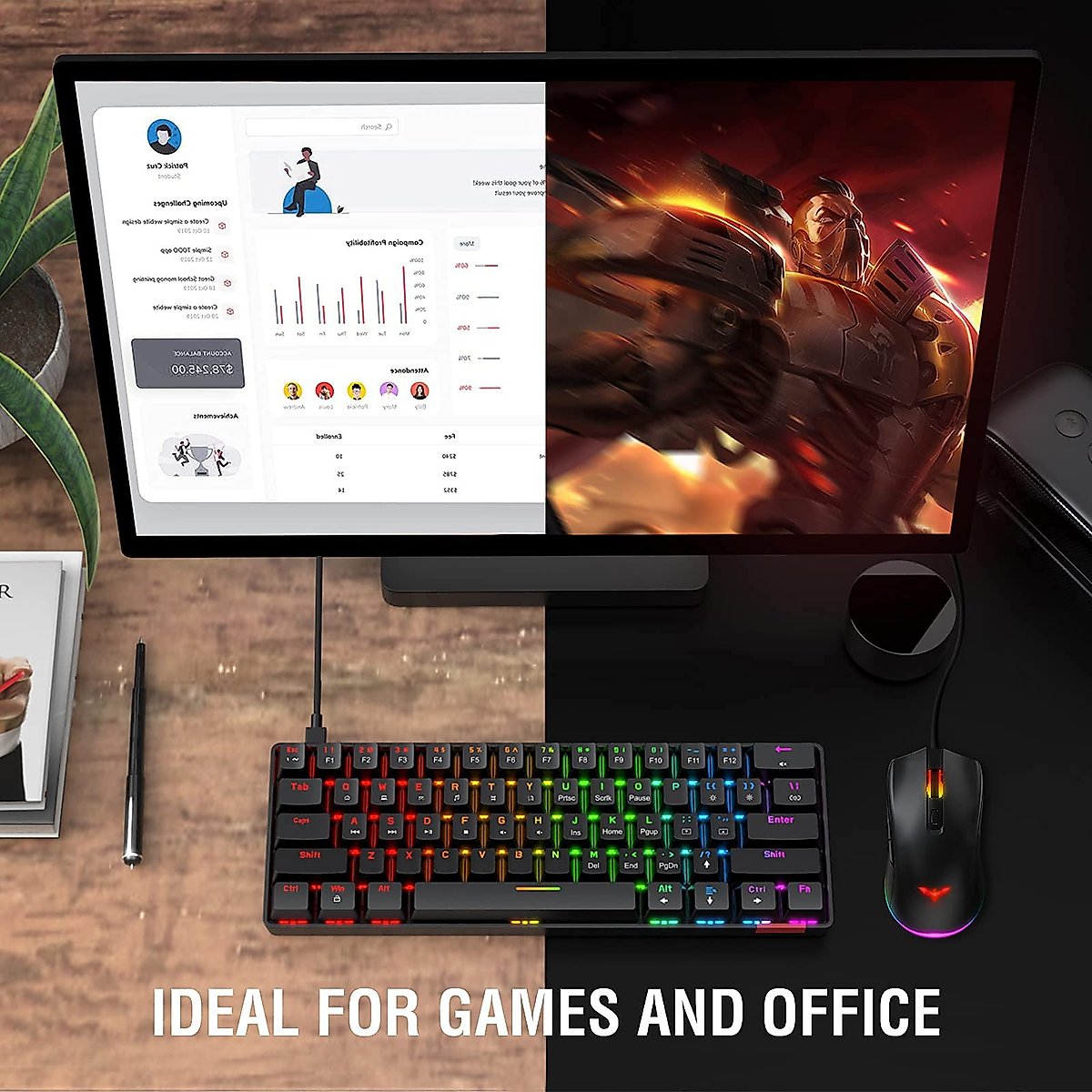 Havit 60 percent Mechanical Keyboard Mouse Combo, Wired 61 Keys Gaming LED Backlit Compact with Red Switches & 4800 DPI Programmable for Windows PC Laptop Gamers, Black (Renewed)