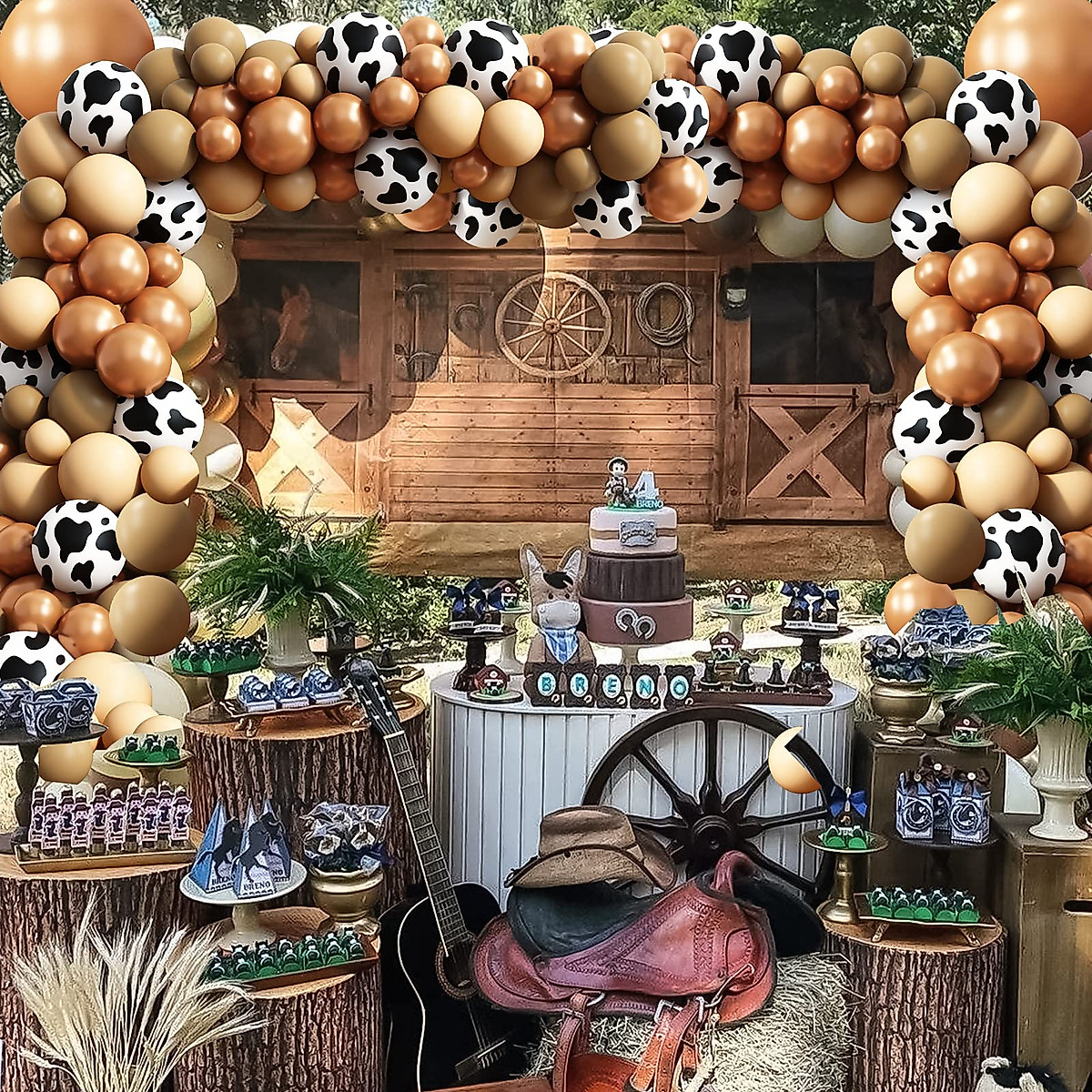 RUBFAC Cow Balloons Garland Arch Kit with Neutral Brown Blush Various Sizes Balloon for CowBoy CowGirl Themed Party Baby Shower Farm Birthday Party Decorations