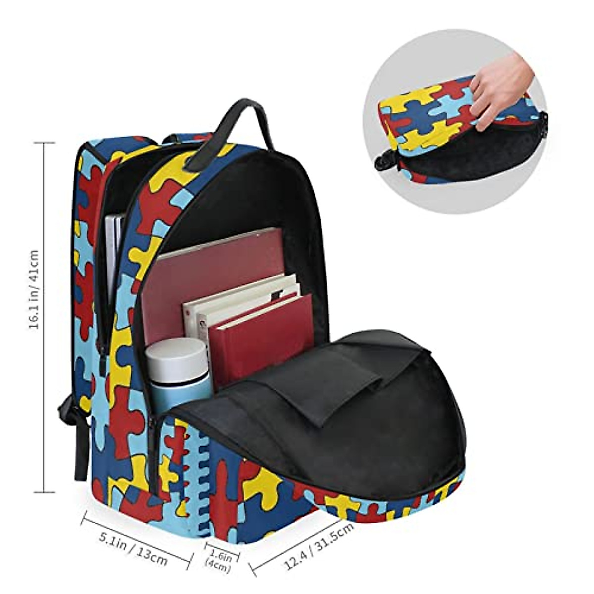 Autism Awareness Puzzle Detachable Big Student Backpack - School, Travel, or Work Bookbag with 15-Inch Laptop Compartment