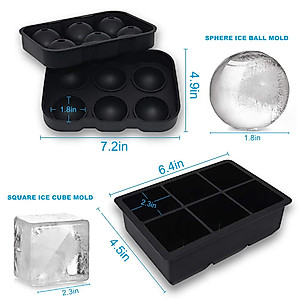Helpcook Ice Cube trays(set of 2), Silicone Sphere Ice Ball Maker with Lid and Large Square Ice Cube Molds for Whiskey Ice and Cocktails, Food Grade Silicone, Reusable and BPA-Free