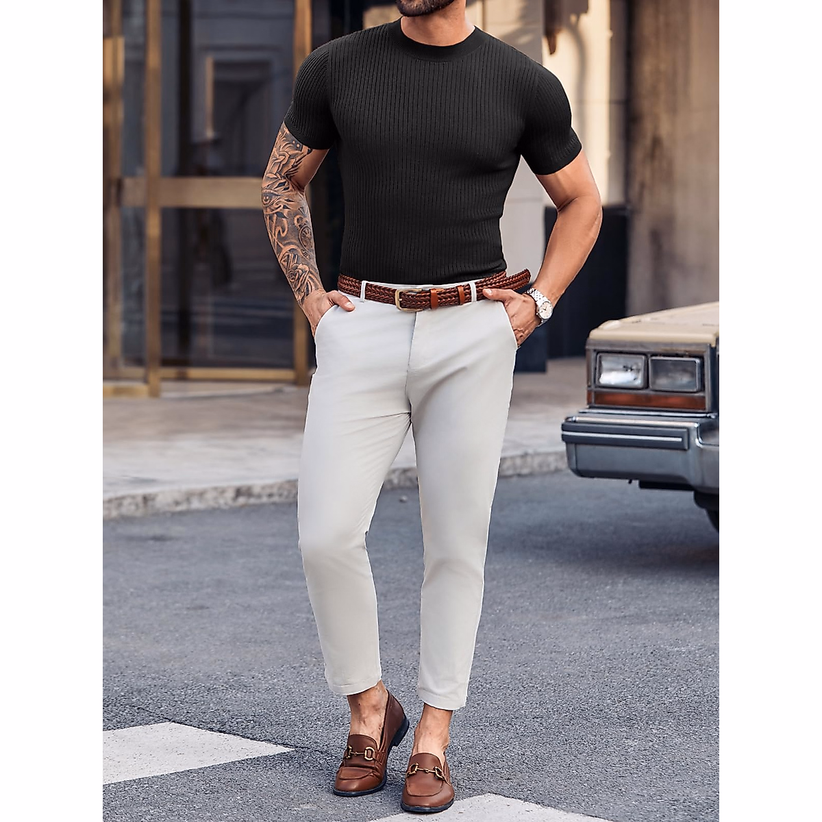 Mens Casual Slim Fit Basic Tops Short Sleeve Shirt Turtleneck T Shirts Rib Knitted Stretch Pullover Sweater