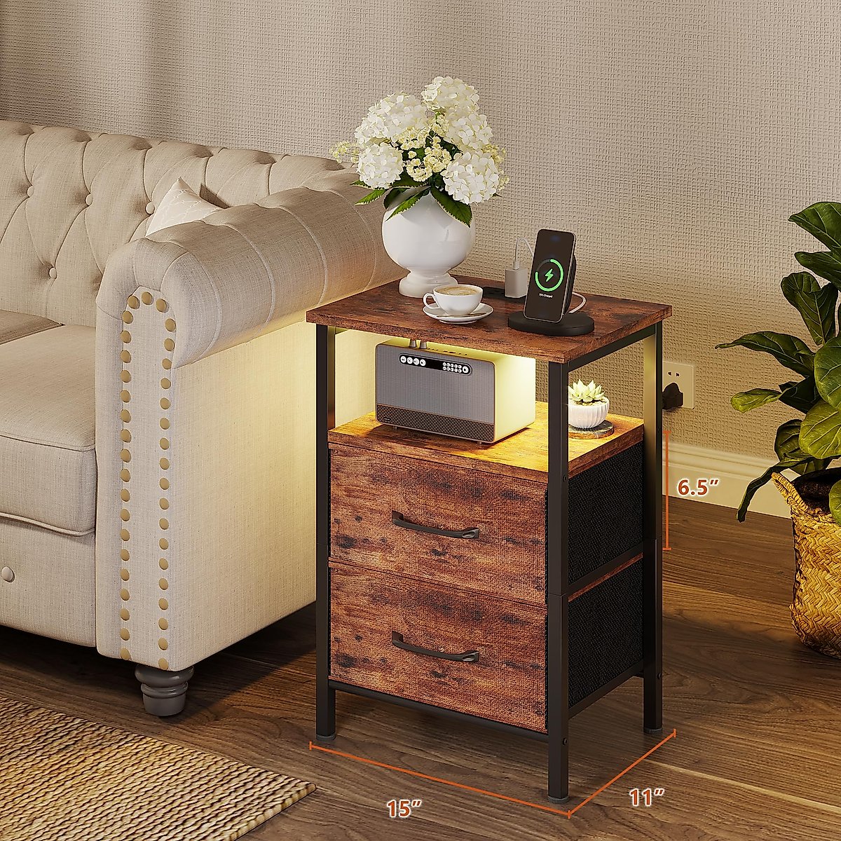 TRIFEBLE Nightstands Set of 2, Night Stand with Charging Station and Led Lights, Bedside Table with 2 Fabric Drawers for Bedroom, Small Side End Table with Open Shelf, Rustic Brown