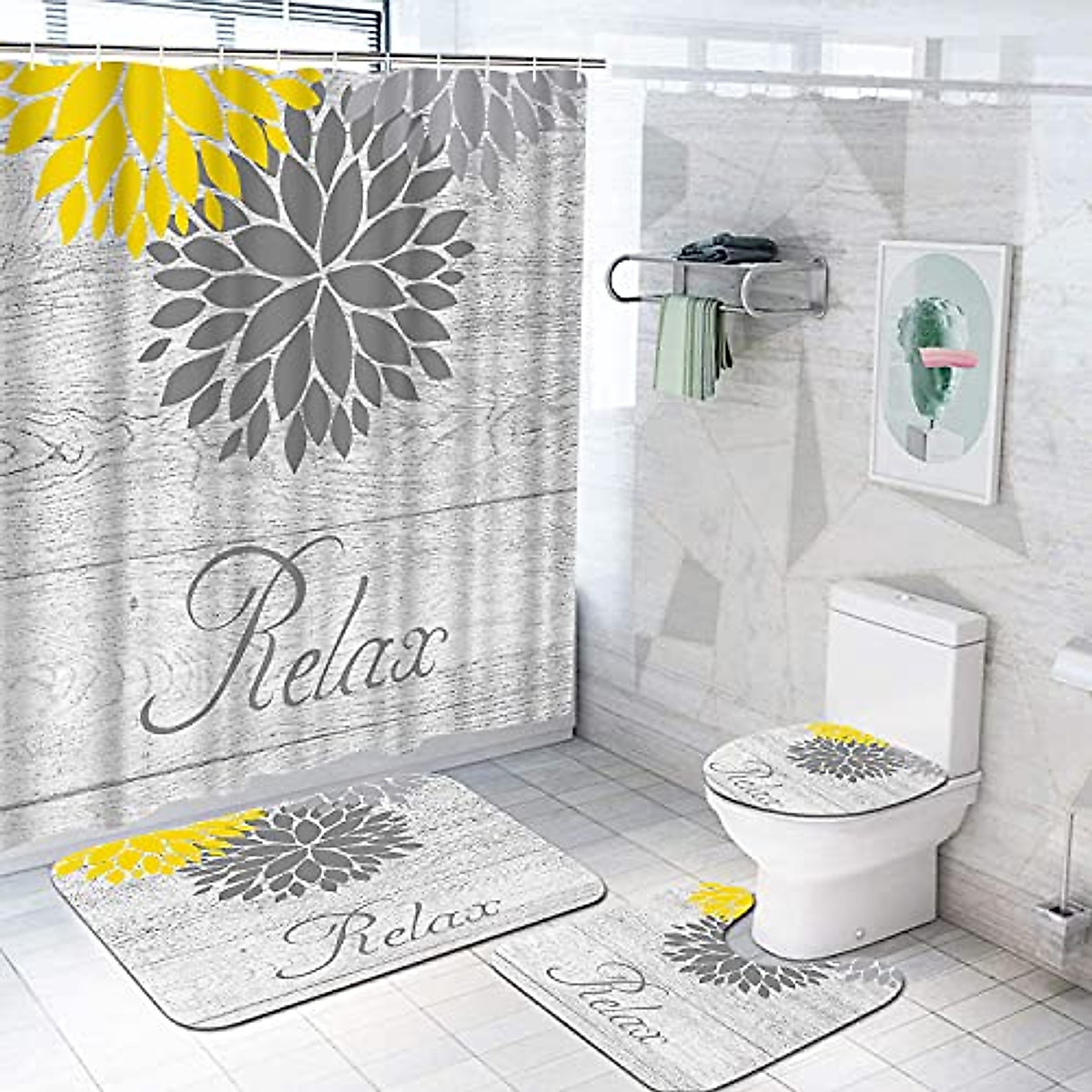 DuoBaorom 4 Pieces Set Yellow Grey Flower Shower Curtain Set Dahlia Floral Relax Sign Picture Print on Non-Slip Rugs Toilet Lid Cover Bath Mat and Bathroom Curtain with 12 Hooks 72x72inch