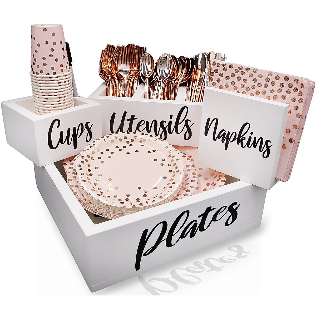 Rustic Sisters Kitchen Countertop Paper Plate Utensil Holder Caddy - Organizer for Plates, Cups, Cutlery and Napkins - Perfect for Parties, BBQs and Outdoor Gatherings - White Pine Wood
