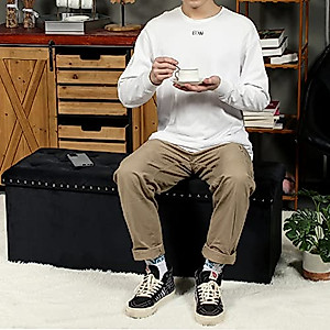 PINPLUS Black Storage Ottoman Bench with Benches Foot Rest Stool, Large Long Folding Velvet Toy Shoes Chest for Bedroom, Living Room, 43.3"x15.7"x15.7"