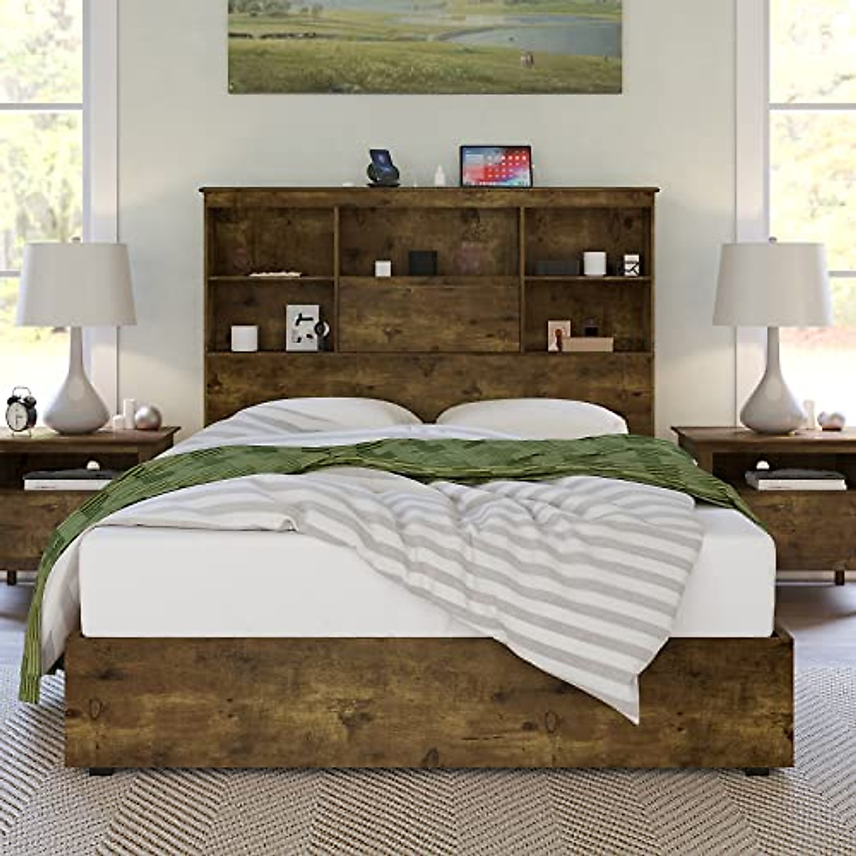AMERLIFE Queen Size Bed Frame Wooden Platform Bed with 51.2" Storage Bookcase Headboard, 4 Storage Drawers & Charging Station/No Box Spring Needed/Noise Free/Rustic Brown
