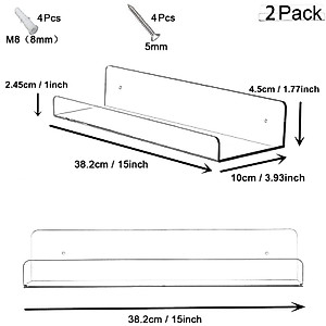 Cerpourt Acrylic Floating Wall Ledge Shelf, Clear Bathroom Storage Shelves Display,Acrylic 15" Invisible Bookshelf (2pack)