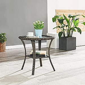 Patio Tables Wicker Side Table - Rattan End Table with Glass Top for Outdoor Outside Patio Porch Deck Square Mixed-Grey