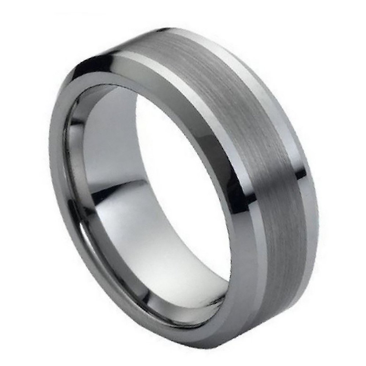DoubleAccent 8MM Comfort Fit Tungsten Carbide Wedding Band Beveled Edges Brushed Center Tungsten Ring (5 to 15), 9.5