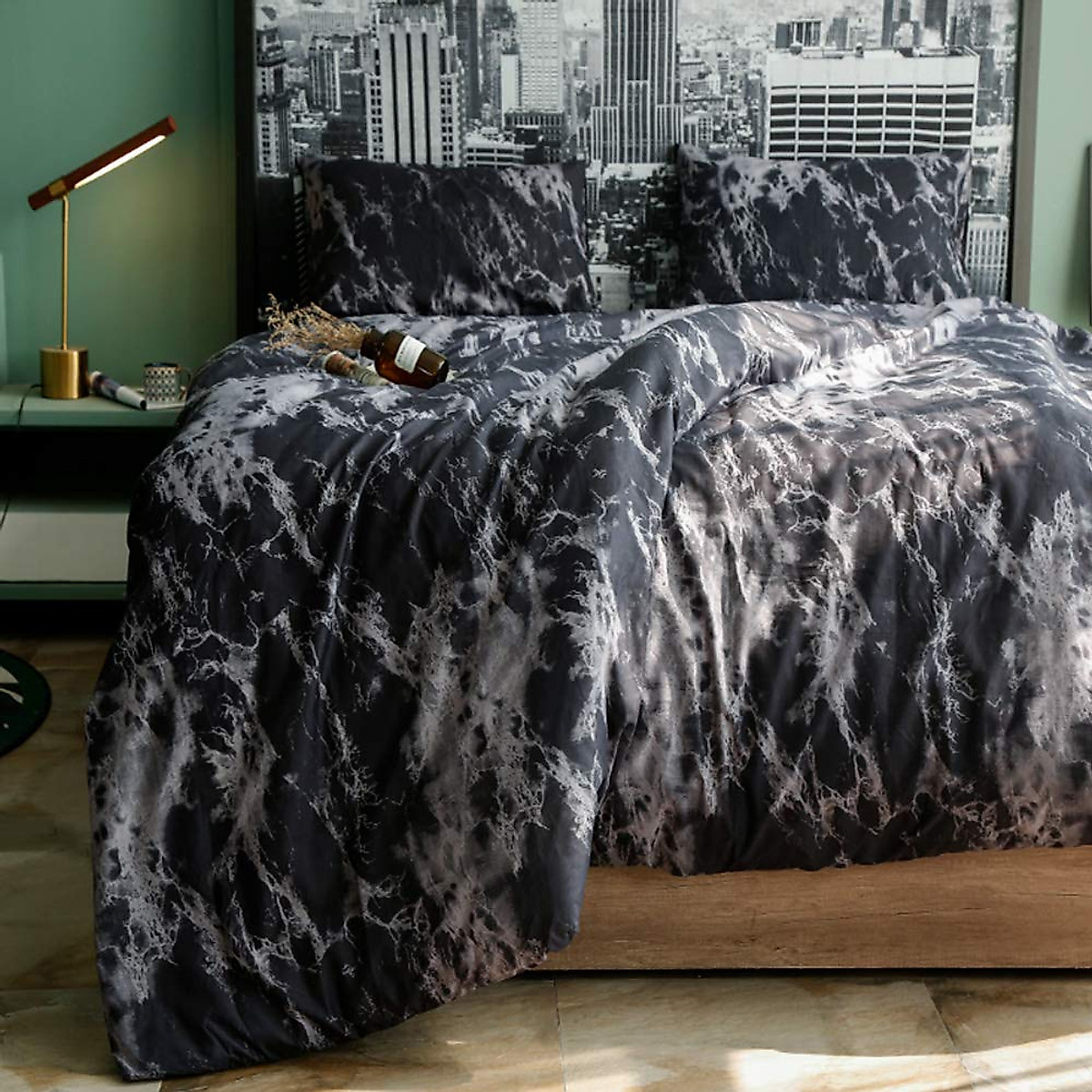 Spring Meow 2024 Upgraded Black Twin Duvet Cover, 100% Washed Duvet Cover Set, Marble Bedding, 3 Pieces with Zipper Closure, 1 Duvet Cover 68x90 inches and 2 Pillow Shams