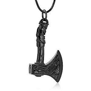 Thor Axe Cremation Jewelry for Ashes for Women Men Viking Jewelry Memorial Pendant Urn Necklace for Loved One Ashes Holder (Black)
