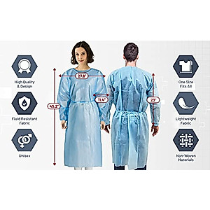 [10-Pack] Disposable Isolation Gown, FDA Registered, AAMI Level 1 PP & PE 30g, Fully Closed Double Tie Back, Elastic Cuffs, Fluid Resistant, Unisex (10), Blue