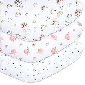 Plushii Crib Sheets for Baby Girls 3 Pack, 28"x 52" Extra Soft Microfiber Crib Sheet Set for Baby Crib Mattress Sheet & Toddler Mattress Pad, Rainbow & Elephant & Stars