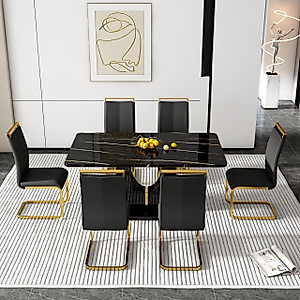 Btikita Dining Table Set for 6, Kitchen Table Chairs Set of 6, Modern Dining Room Set with 63 inch Marble Dinner Table PU Leather Upholstered Chairs for Dining Room Kitchen