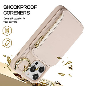 Furiet Wallet Case for iPhone 12 Pro iPhone12 6.1 with Wrist and Shoulder Strap Card Holder Ring Flip Zipper Pocket PU Leather 6+ Slots RFID Blocking Phone Cover for iPhone12pro 5G i 12s 12pro Beige