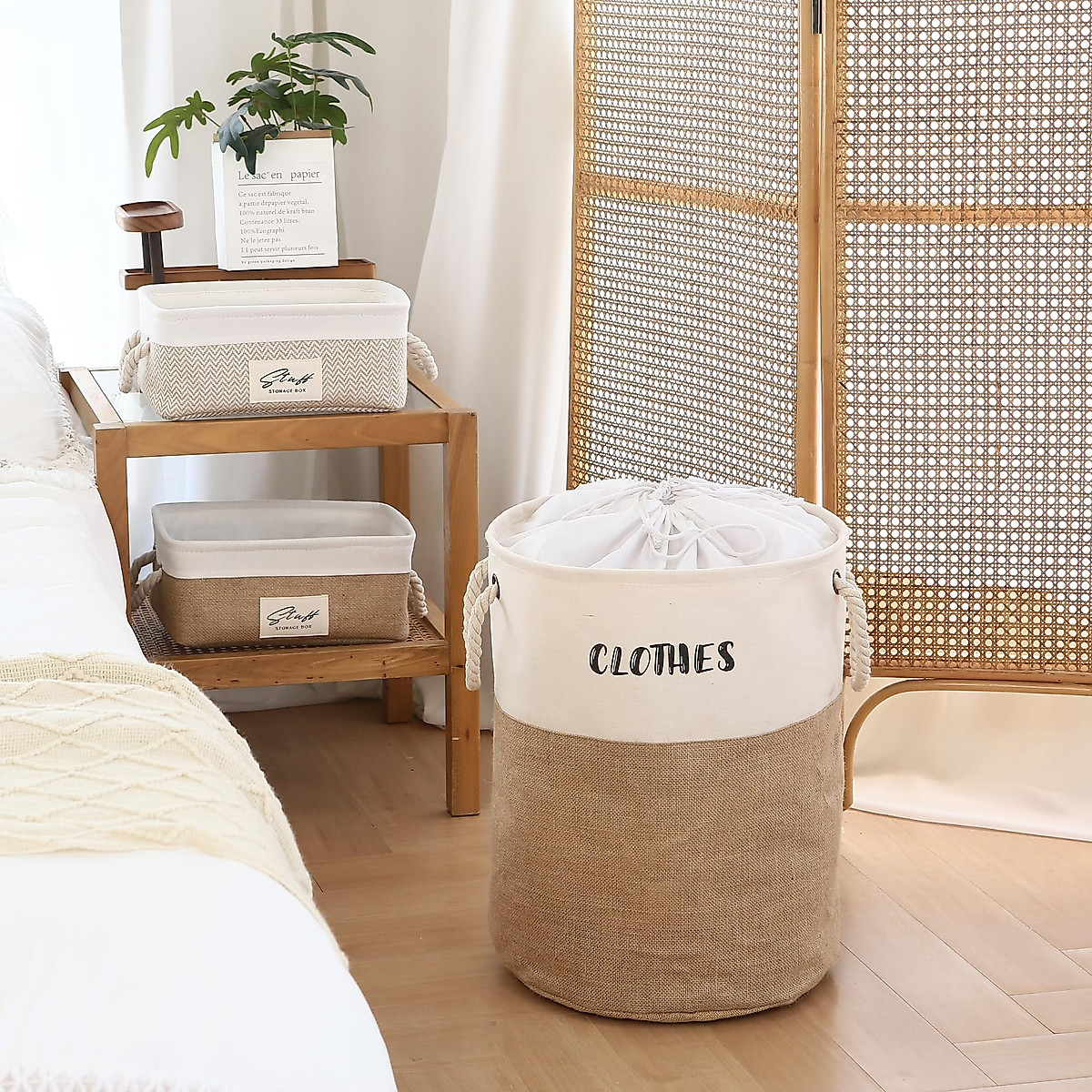 Sea Team Jute and Canvas Storage Basket with Cotton Rope Handles and Drawstring Closure, Collapsible, Lightweight Laundry Hamper for Home - 46.8L Capacity
