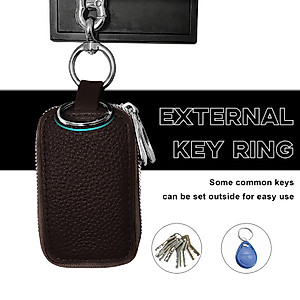 Car Key Fob Case, Double Zipper Genuine Leather Protection Key, Universal Premium Car Key Fob Case, Metal Hook and Keyring with Transparent Window for Men Women (Coffee)