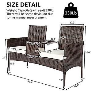 Zeaxar 131 * 61 * 83cm Brown Gradient Rattan Lover Chair Outdoor Furniture Set with Removable Cushion and Tempered Glass Tabletop Modern Rattan Bench for Garden Lawn Backyard