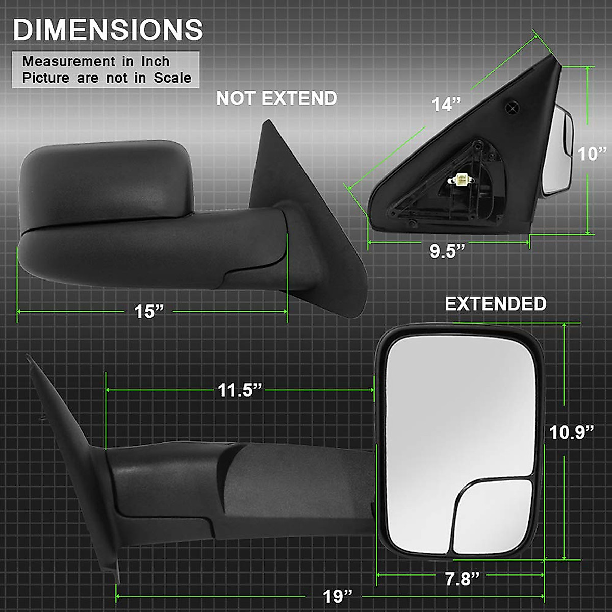 ACANII - Telescoping Towing Flip Up POWER Heat Mirror Passenger Right Side For 2002-2008 Dodge Ram 1500 03-09 2500 3500