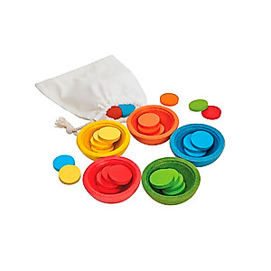 PlanToys Sort & Count Cups Color Sorting Toys with 5 Colored Wooden Cups and 25 Wood Tokens to Match for Educational and Sensory Play, Sustainably-Made