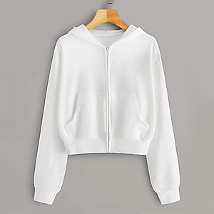 Women's Casual Drawstring Zip Up Hoodies Cute Workout Long Sleeve Crop Tops Trendy Lightweight Pockets Sweatshirts White
