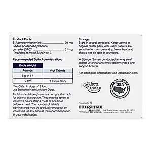 Nutramax Denamarin Liver Health Supplement for Small Dogs and Cats - with S-Adenosylmethionine (Same) and Silybin, 30 Tablets