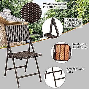 Tangkula 2 Pieces Patio Rattan Folding Dining Chairs, Outdoor Wicker Folding Chairs with Anti-Rust Steel Frame, Portable Patio Furniture Bistro Chairs for Garden, Poolside and Backyard