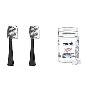 Waterpik Full Size Replacement Brush Heads with Covers for Toothbrush SFFB-2EB, 2 Count Black & Whitening Water Flosser Refill Tablets (30 Count) - Only for The Whitening Flosser