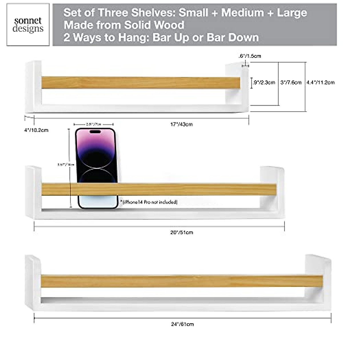 Sonnet Designs Floating Nursery Book Shelves for Wall 3 Pack White Nursery Wall Mount Bookshelf for Kids Room Toddlers Toys Wood Book Shelf Usable in Home, Kitchen, Bathroom, Floating Wall Ledge