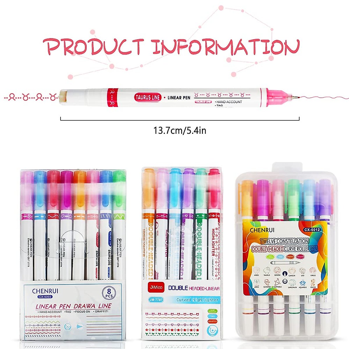 TSFGDYL 12Pcs Colored Curve Highlighter Pen Set,Double Tip Marker Pens With Twelve Constellations Pattern,Perfect For Reading Mark,Back To School Supplies