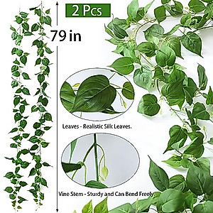 mizii 2 Strands Artificial Vines Scindapsus Garland 79" Real Touch Fake Vine with Silk Green Leaves Faux Hanging Plants Greenery Decoration for Bedroom Wall Party Wedding Room Decor