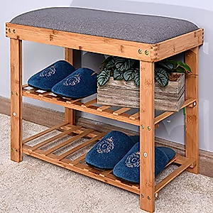 Knocbel 23.6in Bamboo Entryway Cushioned Shoe Bench with Slatted Shelves, 3-Tier Portable Shoes Storage Rack Organizer (Natural)