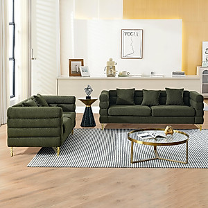 mikibama Luxury Teddy Sofa Set for Living Room, Modern Decor Furniture Sectional Sofa, 3 Seater Couch and Loveseat with 5 Pillows for Apartment, Office, Hall (Green)