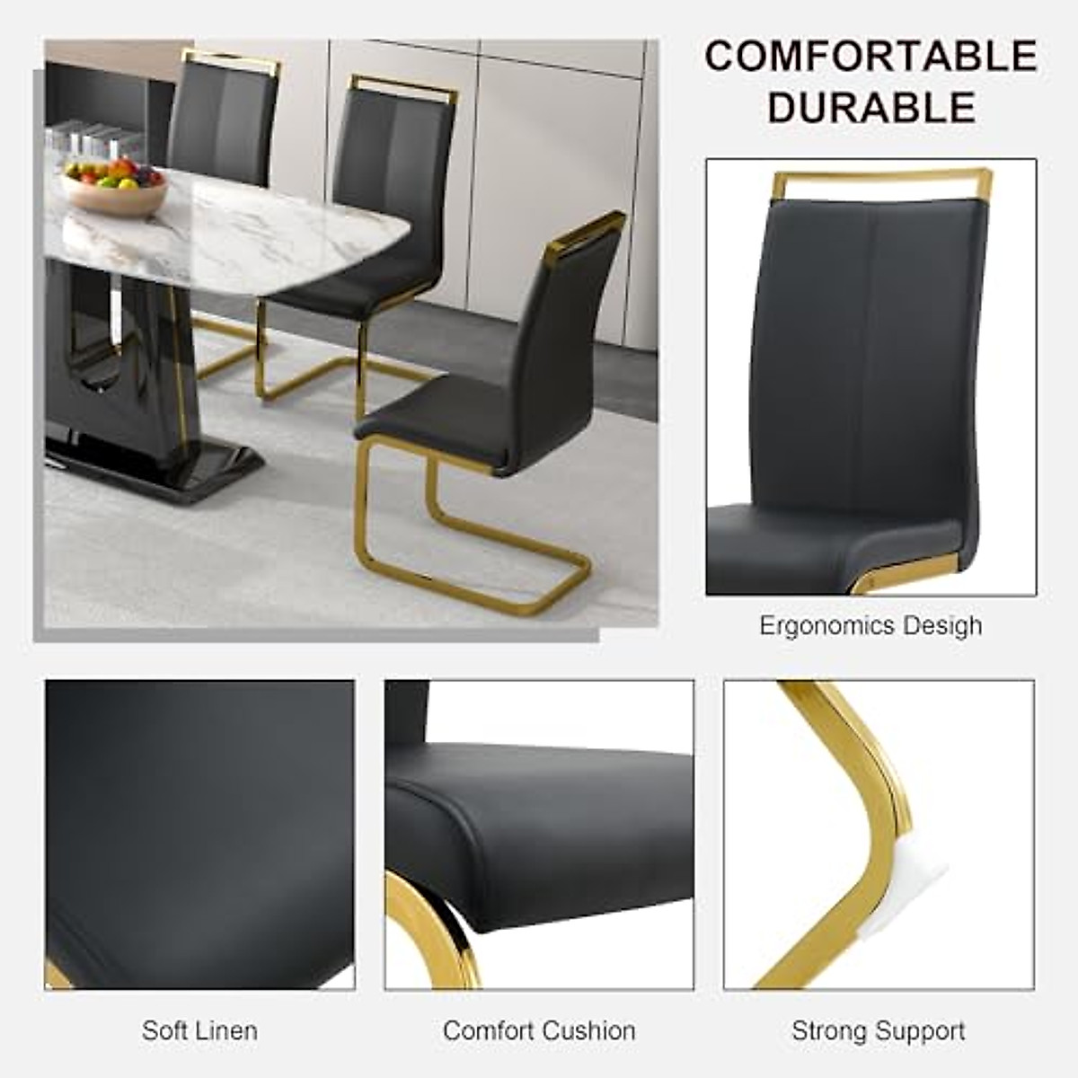 Xshelley 63" Faux Marble Dining Table Set for 6, 7 Piece Dining Table Set with 1 Faux Marble Dining Table and 6 Upholstered Dining Chairs for Kitchen Dining Room (Black-A, 7 Piece Dining Taboe Set)