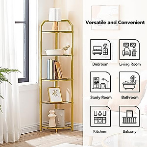 HOOBRO 5-Tier Corner Shelf Stand, Gold Corner Bookshelf, Tempered Glass Shelves, Corner Plant Stand, for Living Room, Bedroom, Study, Bathroom, Balcony, Modern Style, Gold GD14CJ01
