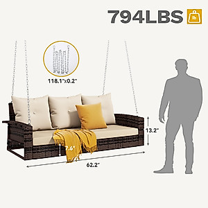 DWVO 3 Seats Porch Swing Hanging Bench Swing Outdoor Wicker Patio Swing Lounge Front Rattan Swing 794lbs for Garden, Balcony, Brown&Beige