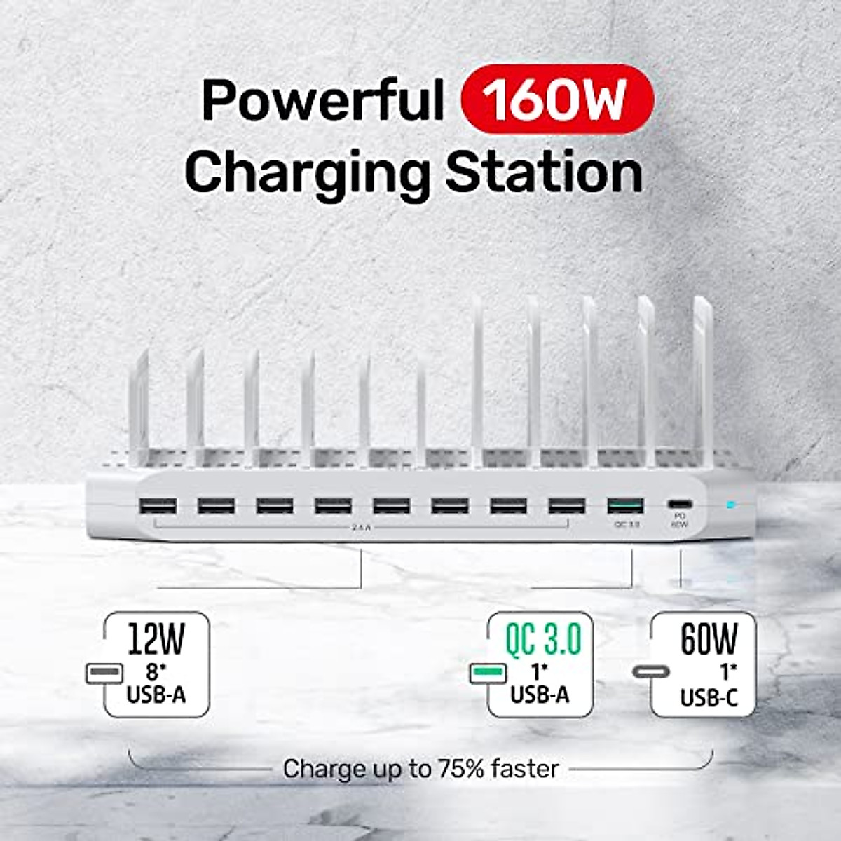 USB C PD 60W Charging Station with QC 3.0, Unitek 160W 10-Port USB Quick Charger Dock, Power Delivery Compatible with Laptop MacBook, Pixel, Upgraded Dividers