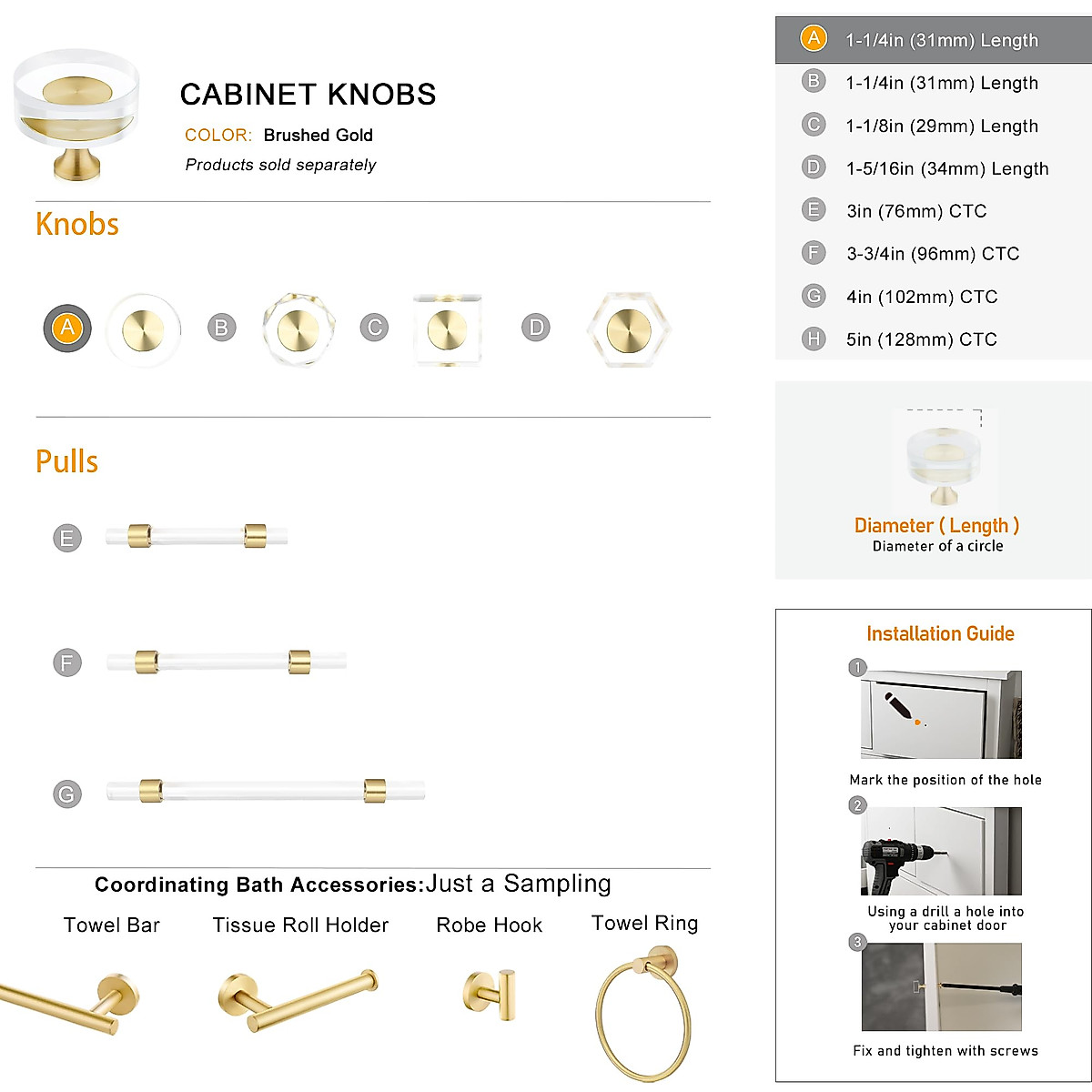 QOGRISUN 10-Pack Brass Crystal Cabinet Knobs,Glass Crystal Gold Drawer Knobs,1-1/4-Inch Round, Decorative Dresser Pulls, Modern Cabinet Hardware